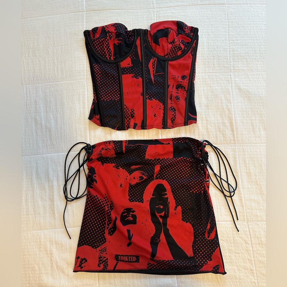 Edikted Red And Black Corset Top And Skirt Set - Gem
